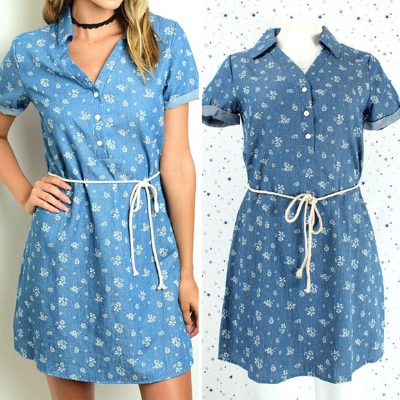 Dresses | Short Sleeve Floral Print Denim Dress | Poshmark